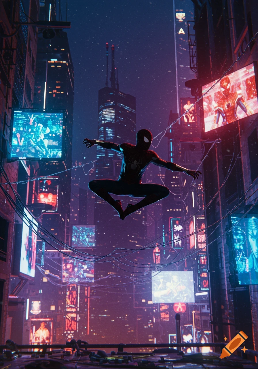 Spider-Man in a dynamic pose, leaping through a vibrant cyberpunk city ...