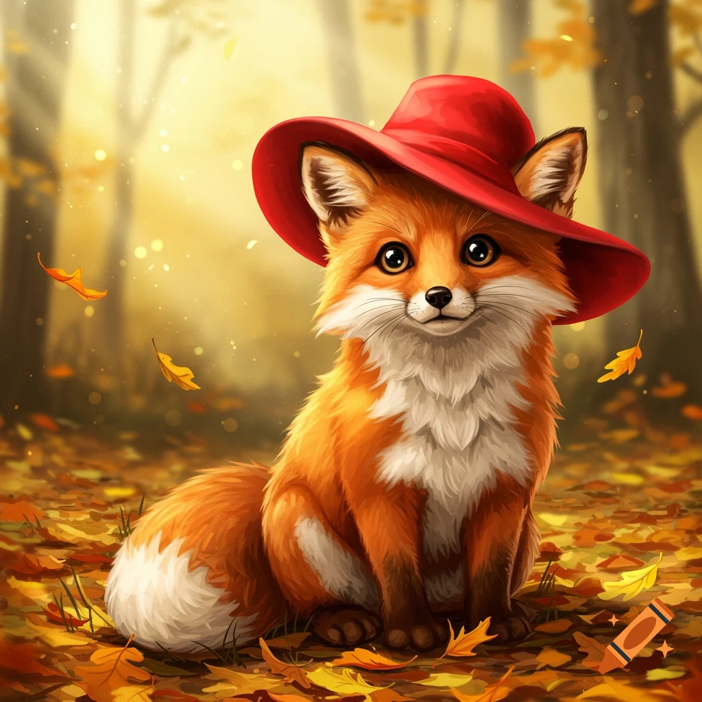 A cute orange fox wearing a red hat sits among fallen autumn leaves in a sunlit forest. on Craiyon