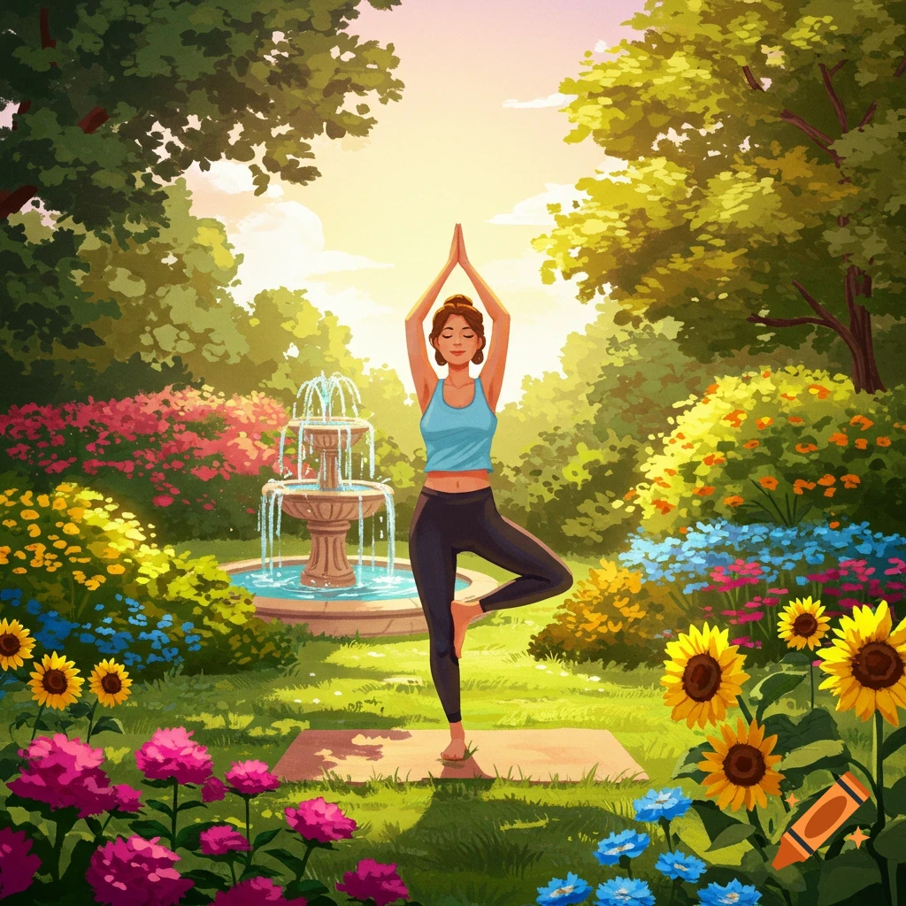 A woman practices yoga in a lush garden with a fountain and colorful ...