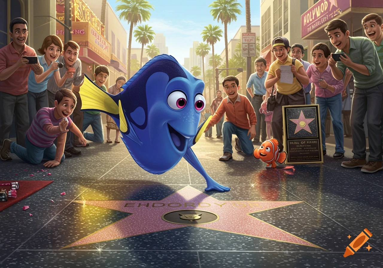 Dory from Finding Nemo presses her fin into a Hollywood Walk of Fame ...