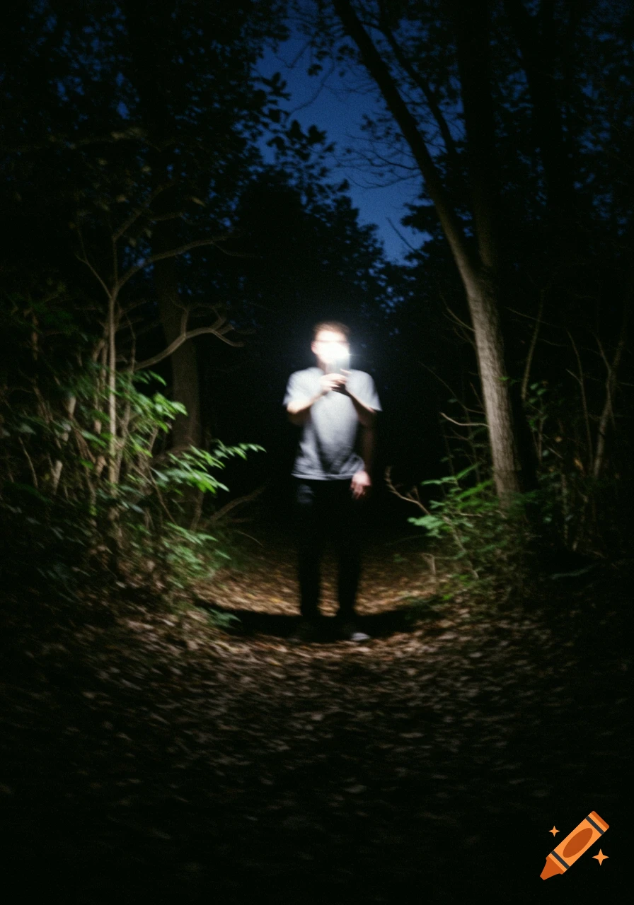 A blurry person stands in a dark forest at night, illuminated by a ...