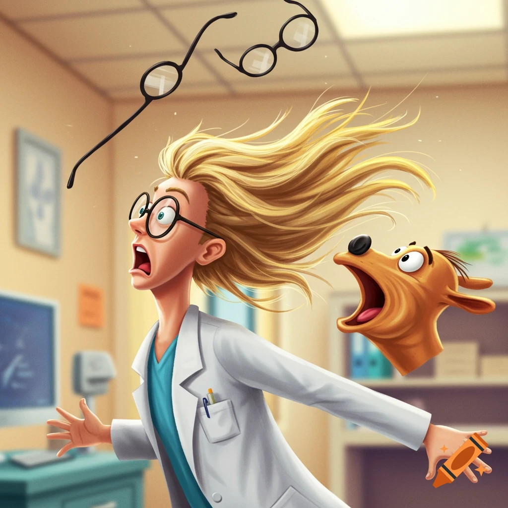 Cartoon doctor in a lab coat startled by a barking dog, causing her ...