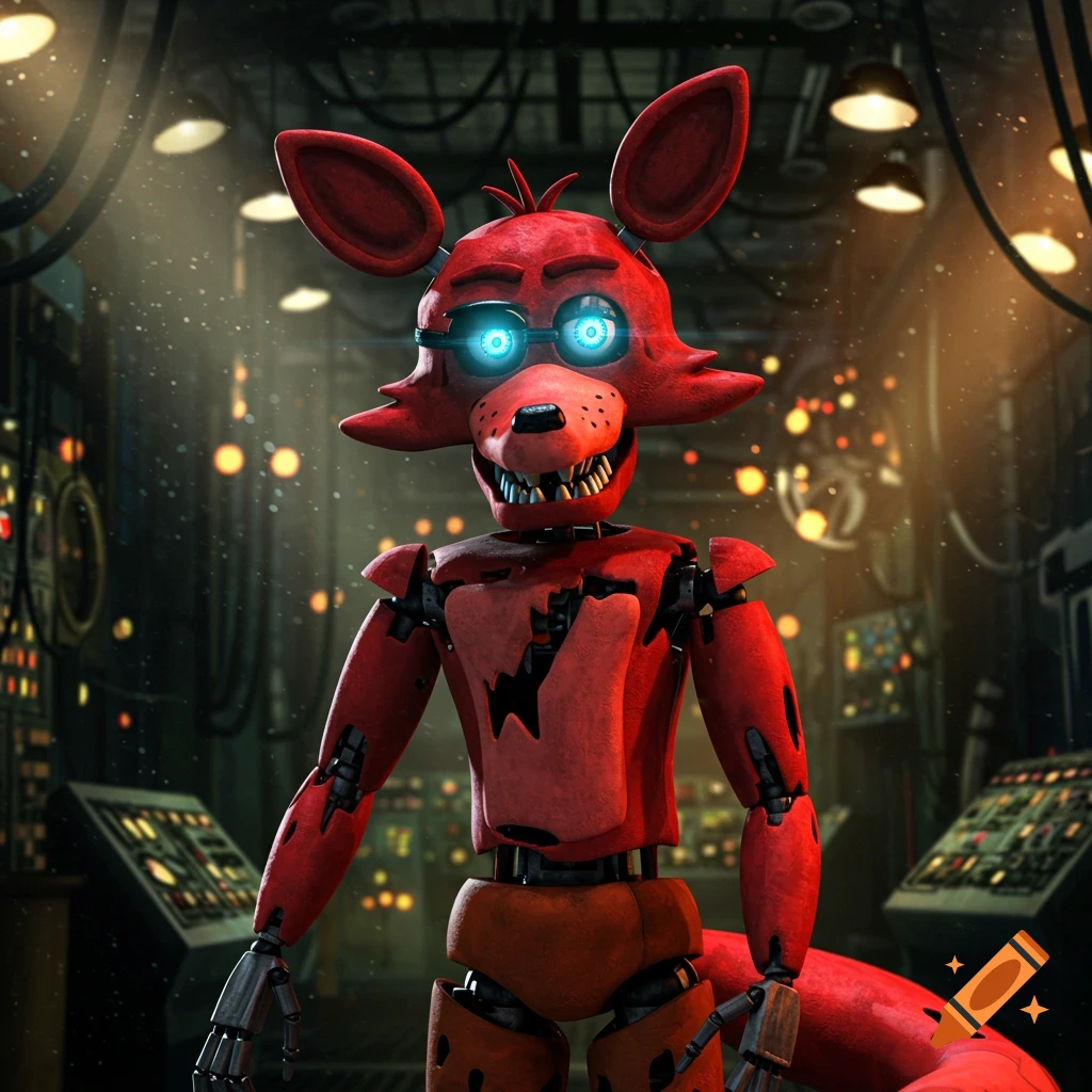 A red animatronic fox character (Foxy from FNAF) stands in a dark ...