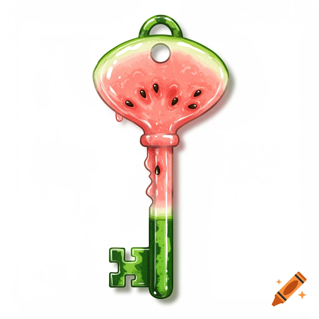 An illustrated key stylized as a watermelon, with a red top and black ...