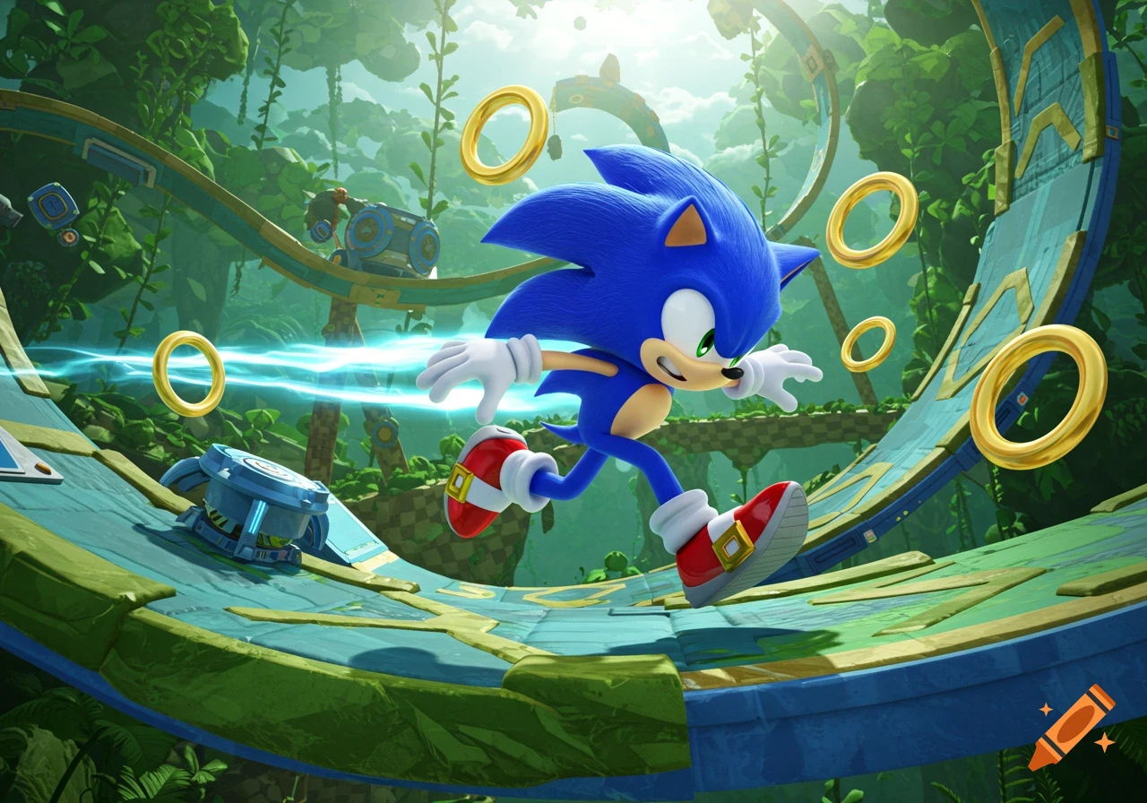 Sonic the Hedgehog running on a track with golden rings in a lush ...
