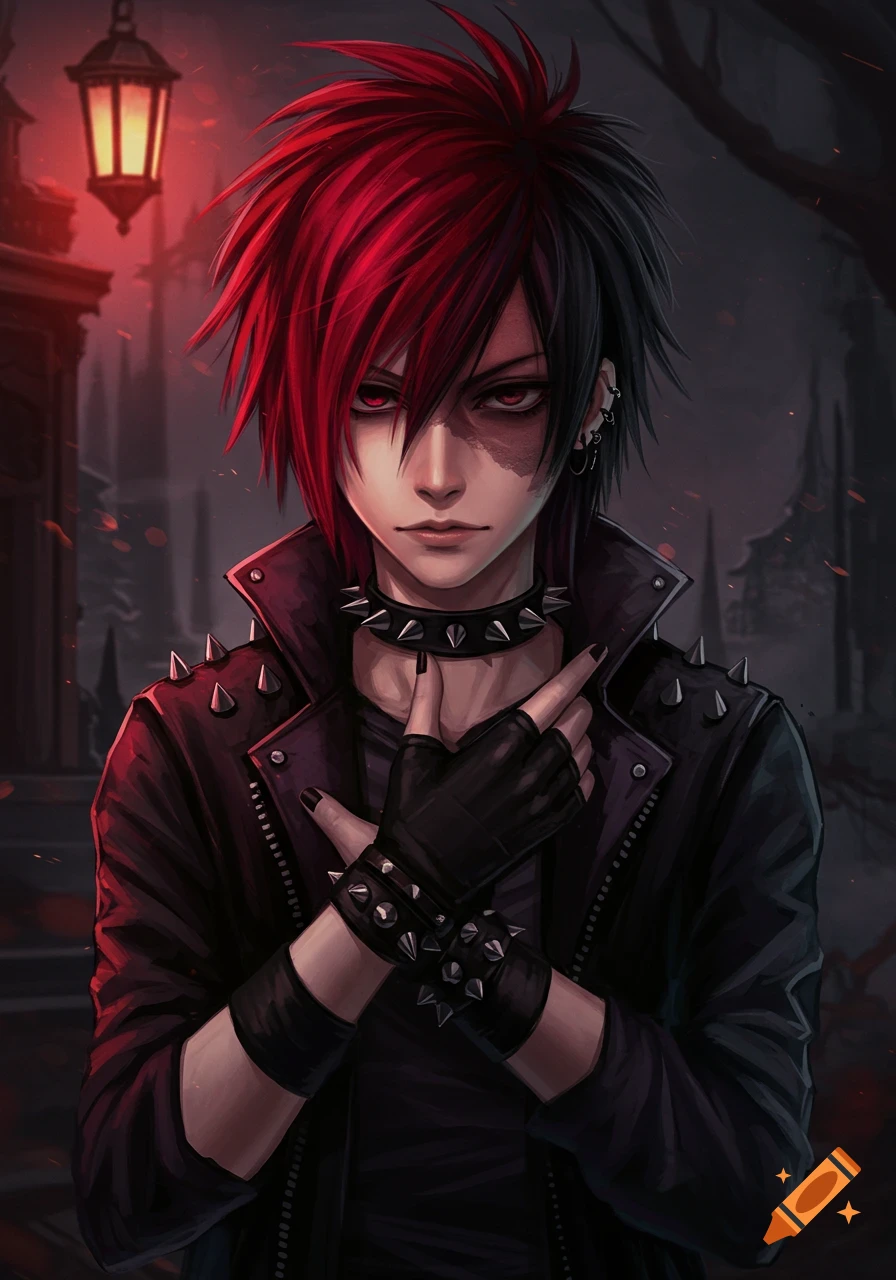 An edgy anime character with black spiked hair and green eyes, wearing ...