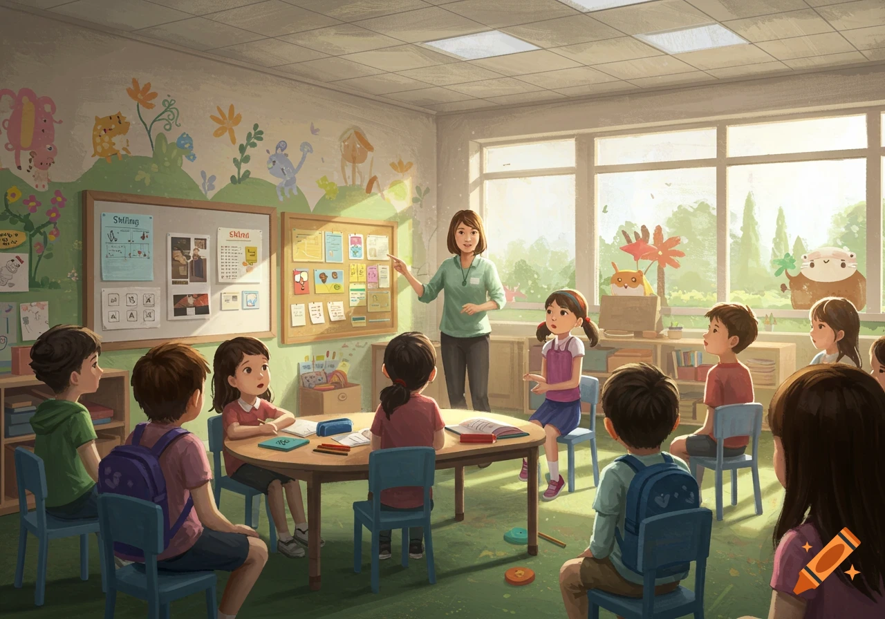 An animated illustration of a teacher pointing to a whiteboard in a ...