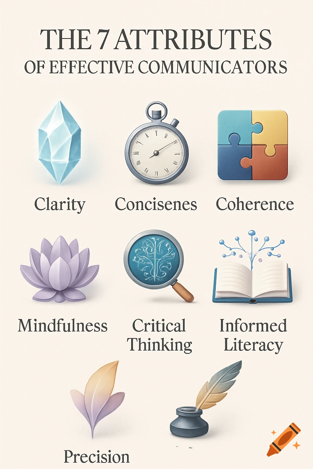 An infographic titled "The 7 Attributes of Effective Communicators ...