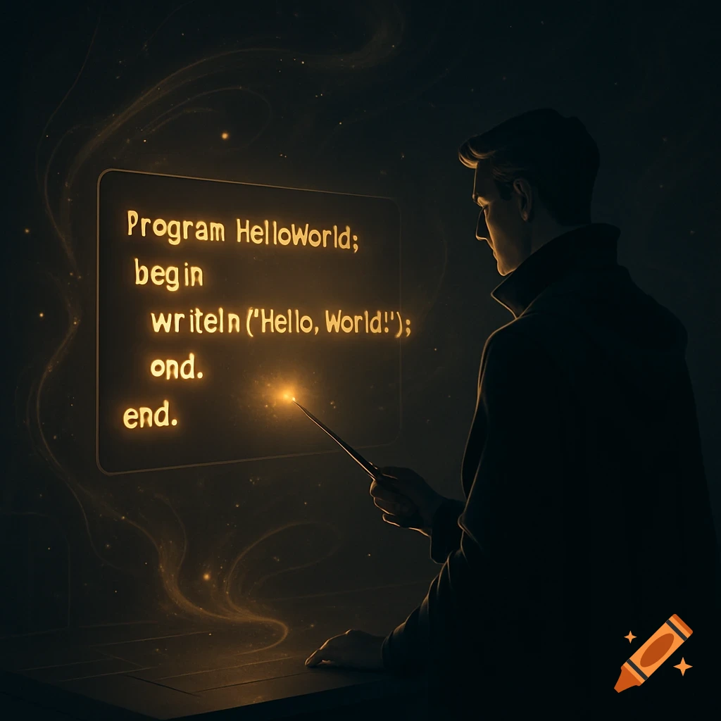 A man in a cloak holds a glowing wand, conjuring golden Pascal 'Hello ...