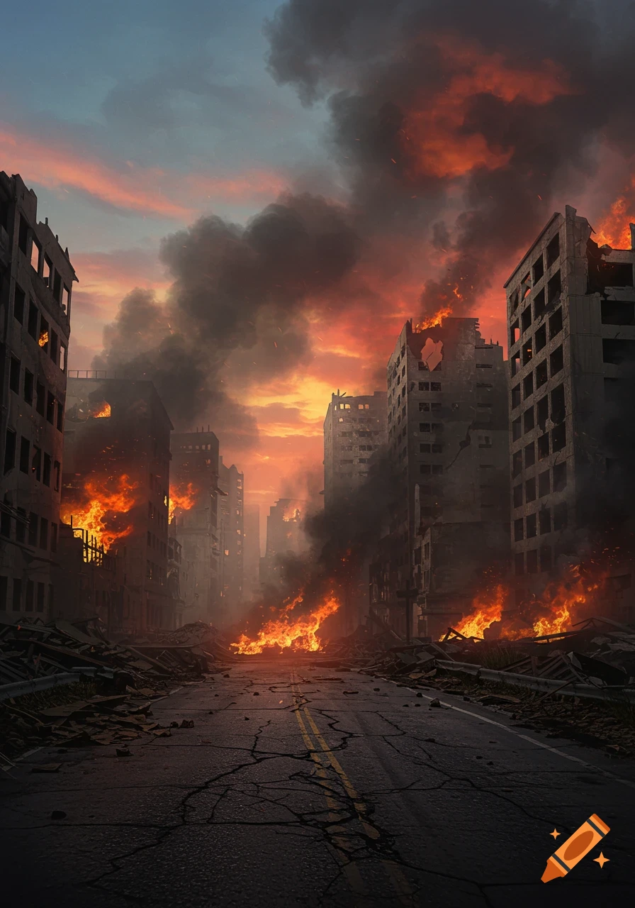 A wide-angle view of a post-apocalyptic city with destroyed buildings ...