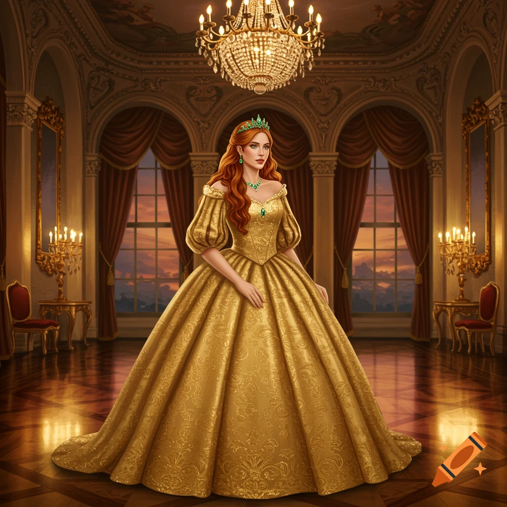 A red-haired princess in a golden ball gown stands in a grand, ornate ...
