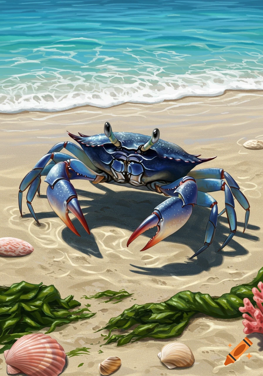 A vibrant, pastel mechanical hermit crab with a spiral on its back on a ...