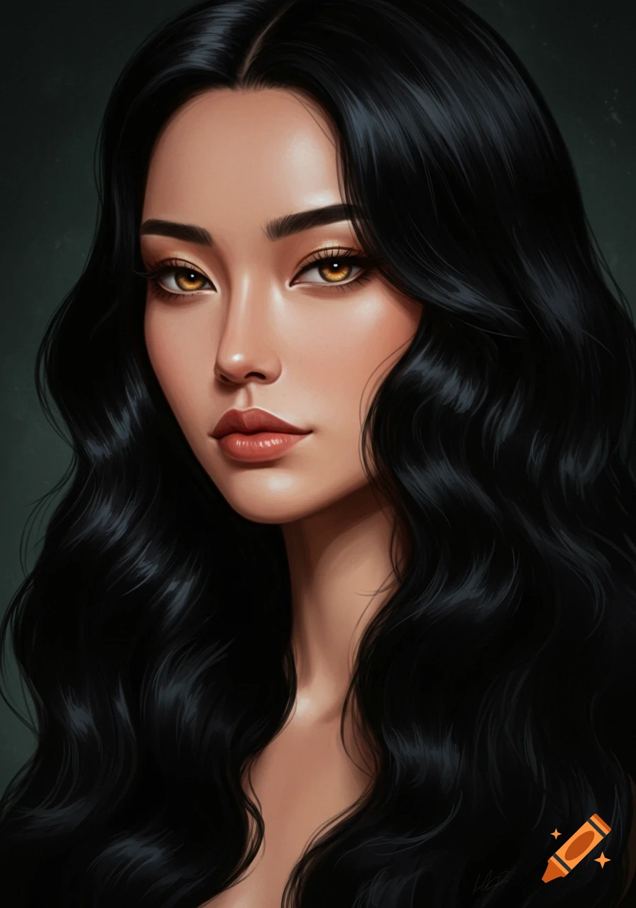 A digital art portrait of a woman with long wavy black hair and golden-brown eyes. on Craiyon