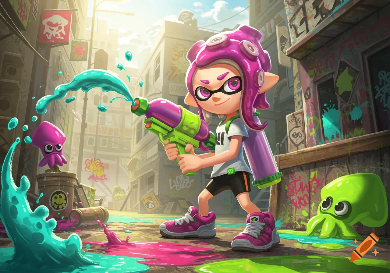 A cute pink Inkling character from Splatoon, with tentacles for hair ...