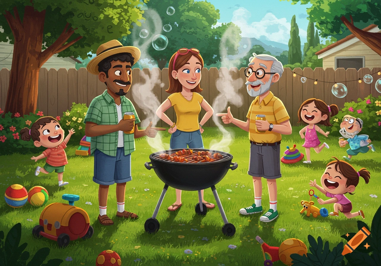 Cartoon family barbecue in a sunny backyard with three adults grilling and children playing with ...