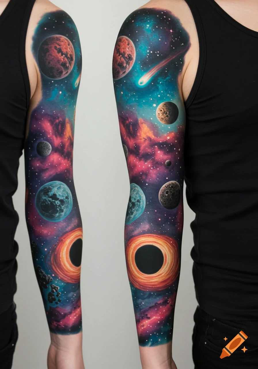 Full sleeve arm tattoos depicting a vibrant outer space scene with ...