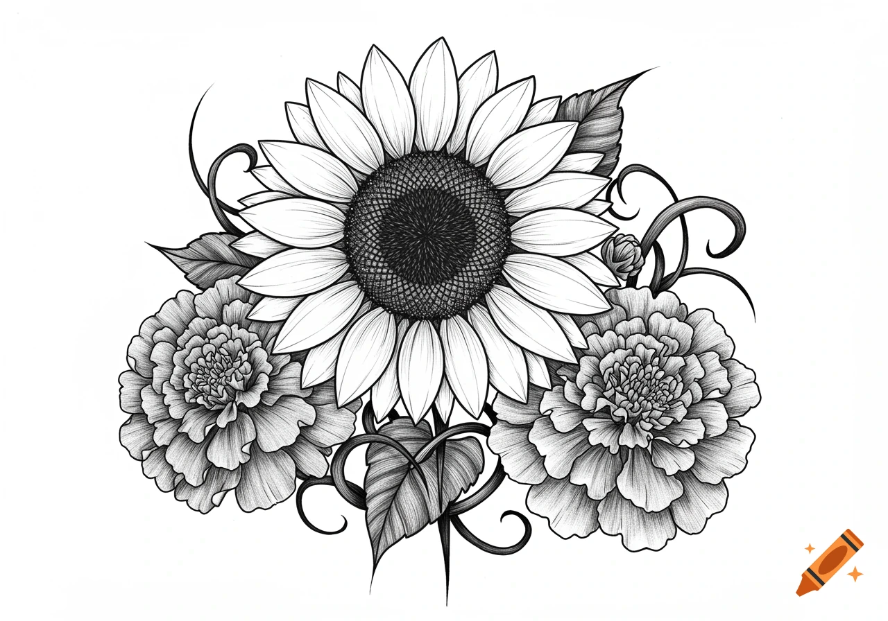 Black and white line art drawing of a stylized sun with a human-like ...