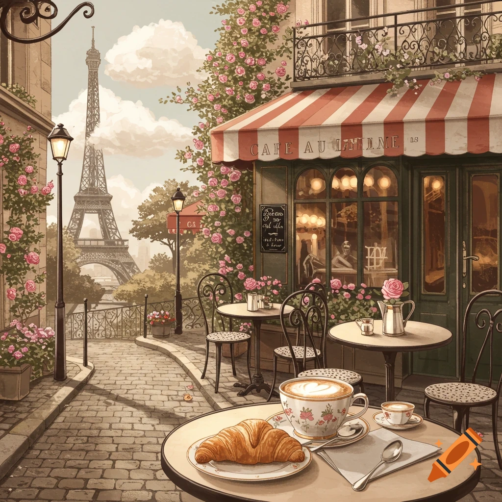 A charming illustration of a Parisian street cafe with outdoor tables ...