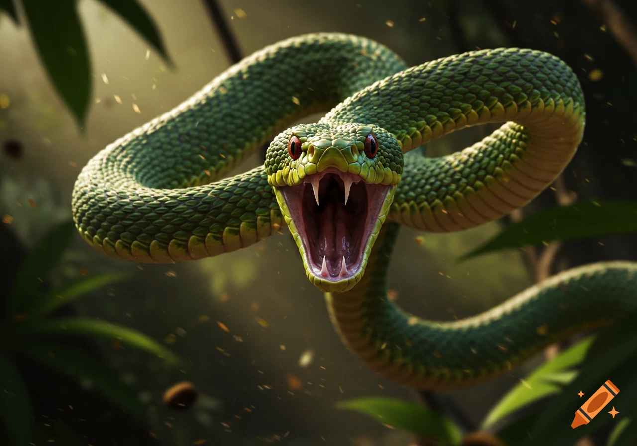 A green snake with its mouth wide open, showing fangs and throat. on ...