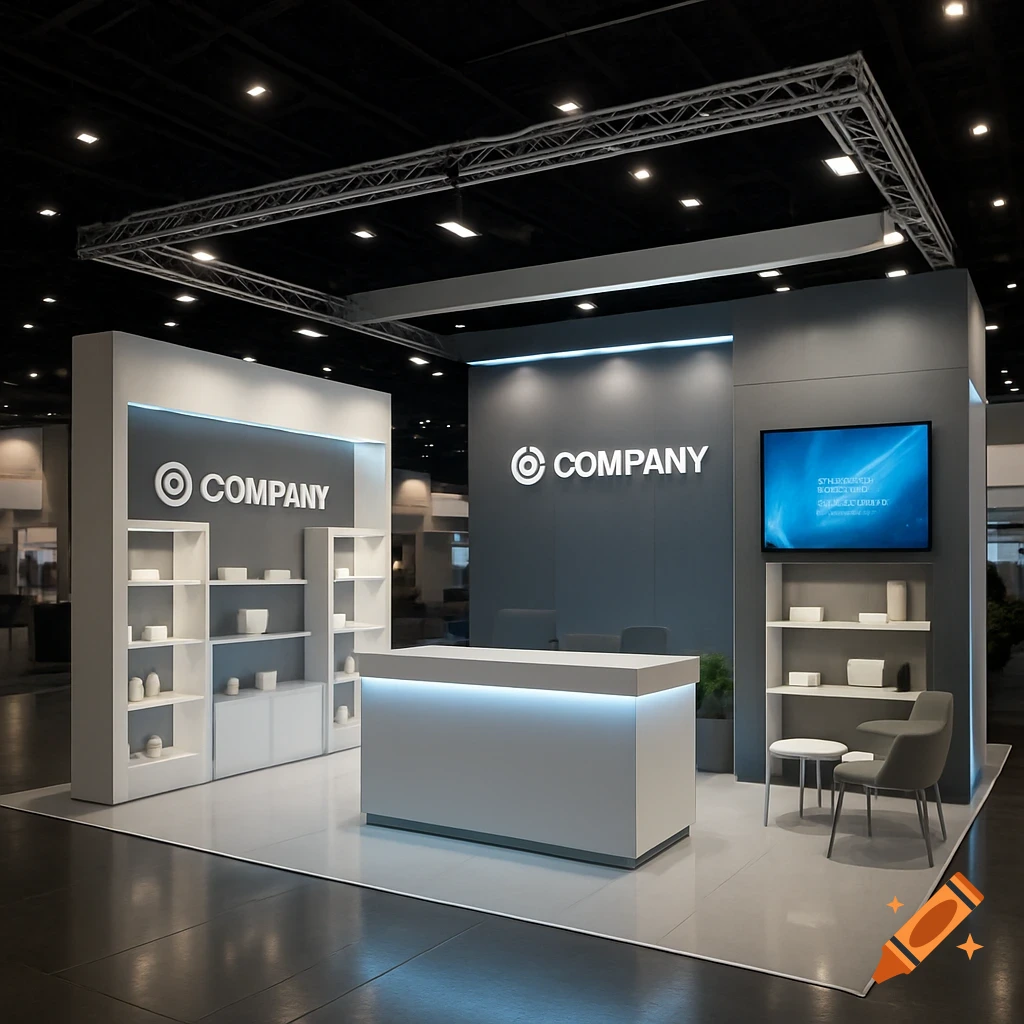 A modern and elegant exhibition booth with white and gray walls, a ...