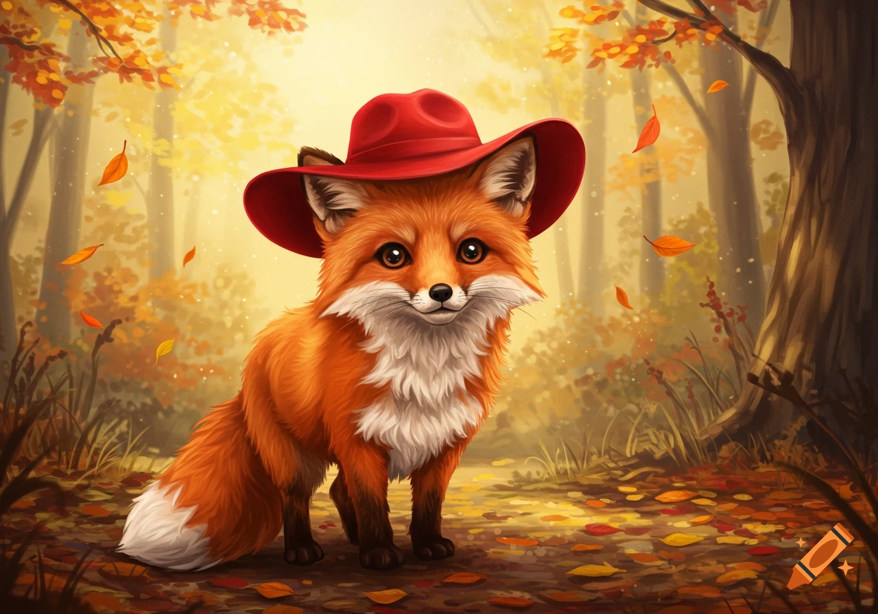 A cute, stylized fox wearing a red hat stands in an autumn forest with falling leaves. on Craiyon