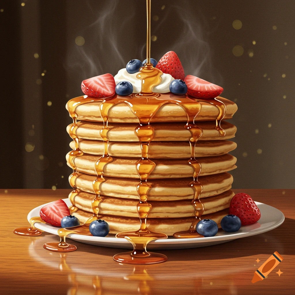 A tall stack of fluffy pancakes topped with whipped cream, sliced ...