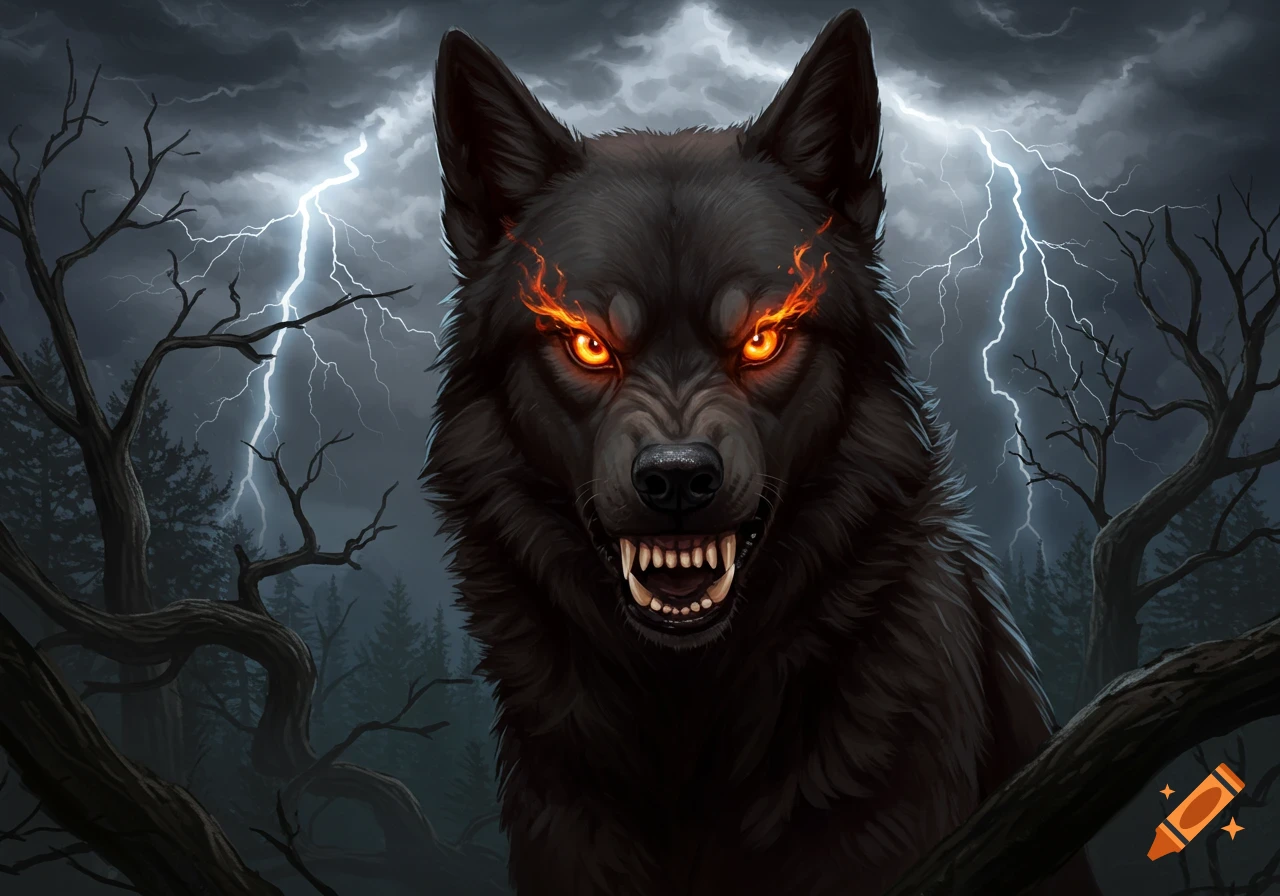 A black wolf with glowing orange eyes snarls under a stormy, lightning ...