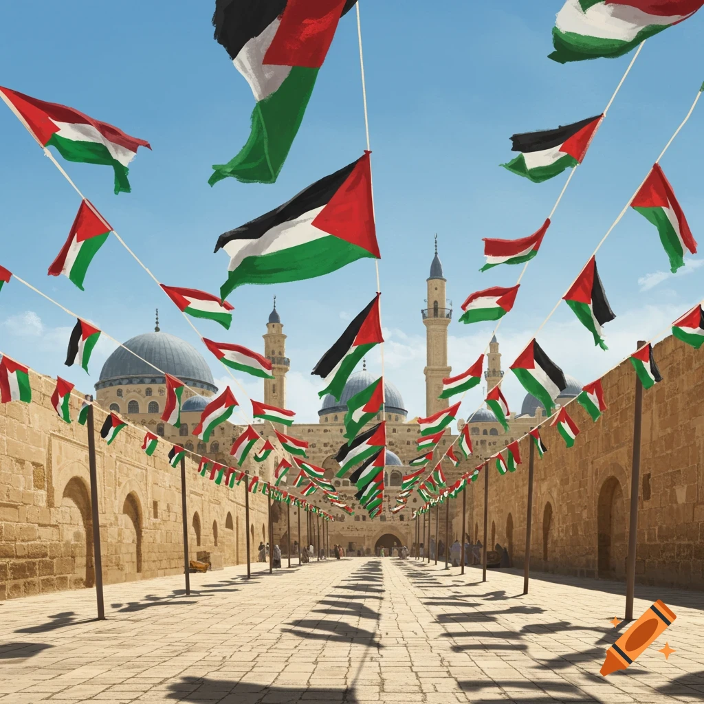 A street decorated with many Palestinian flags hanging above, with ...