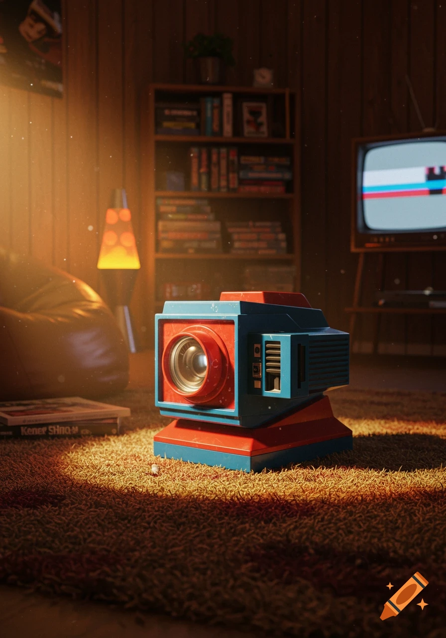 A stylized, retro red and blue projector toy sits on a shag carpet in a ...