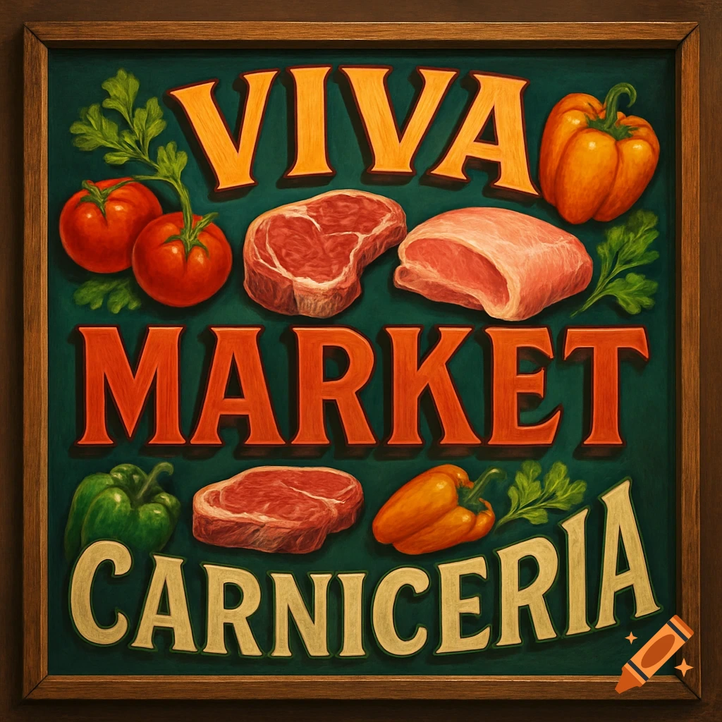 A vintage-style market sign with text 'VIVA MARKET CARNICERIA ...