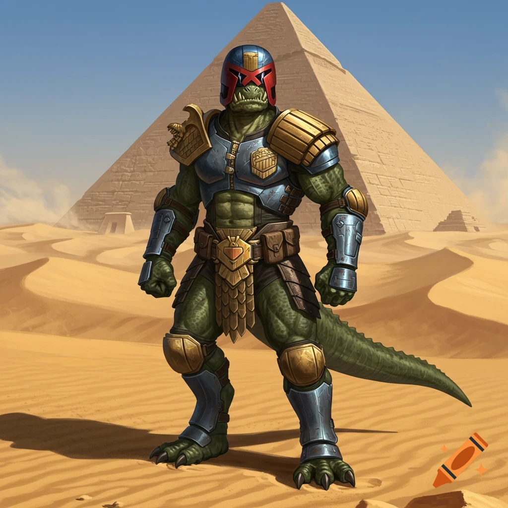A green lizardfolk creature wearing Judge Dredd-style armor and helmet ...