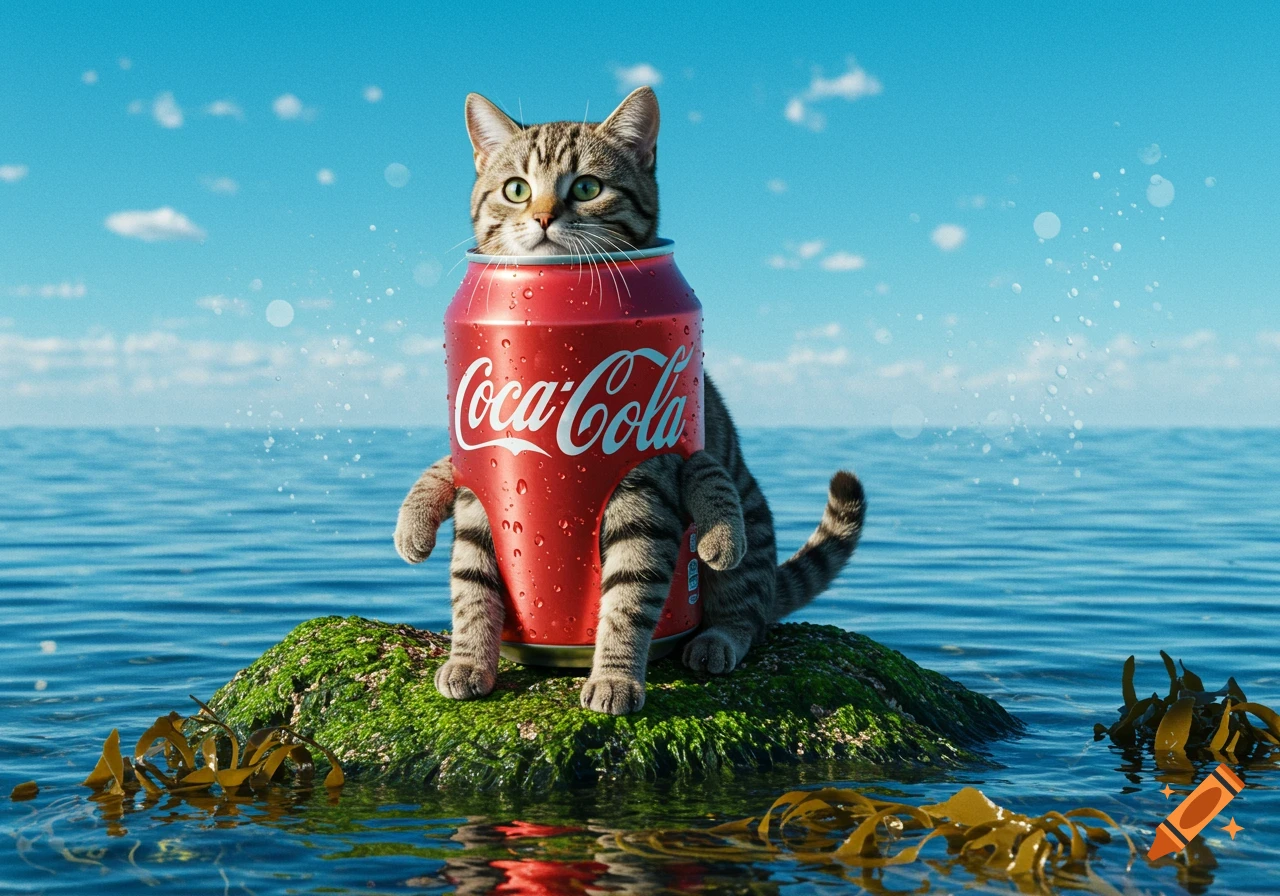 A cat's head and limbs emerge from a Coca-Cola can, sitting on a mossy ...