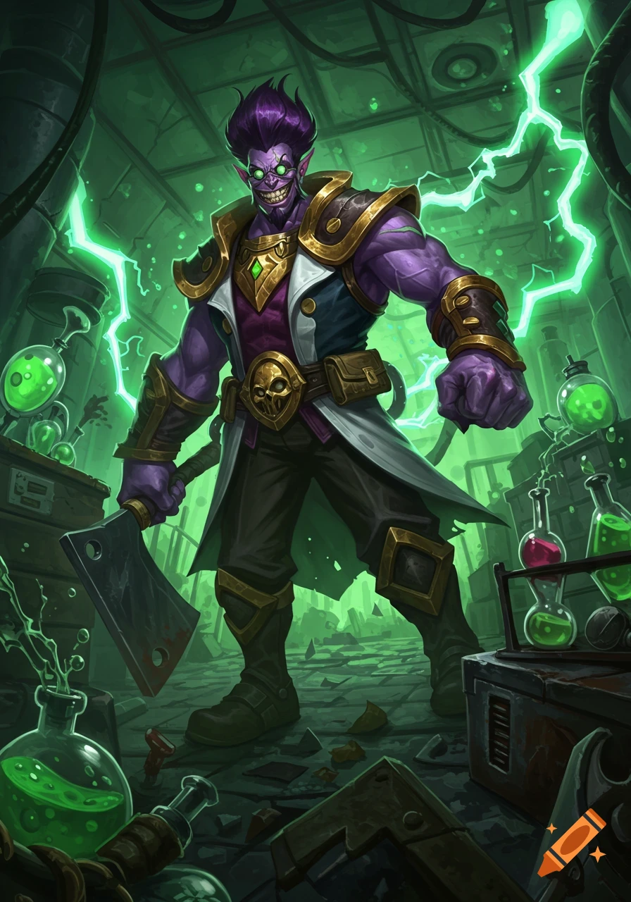 A purple-skinned, green-eyed monster with sharp teeth stands in a green-lit lab, holding a ...