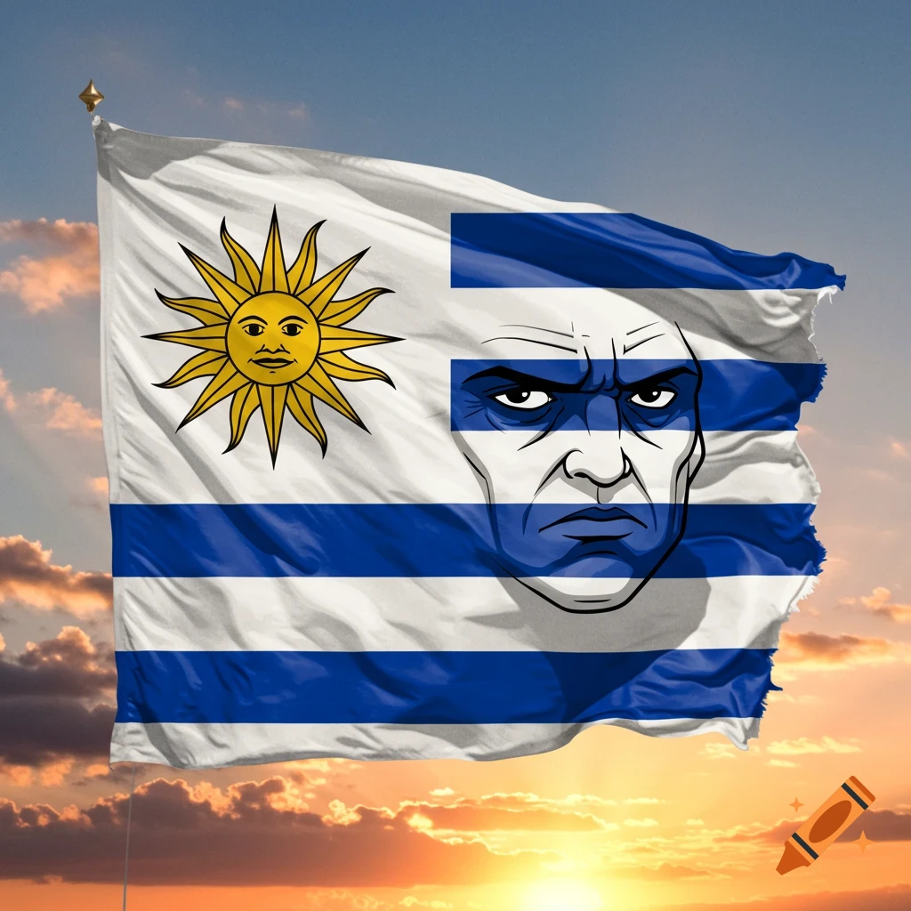 A Uruguayan flag with a smiling sun and a stern animated face, waving ...