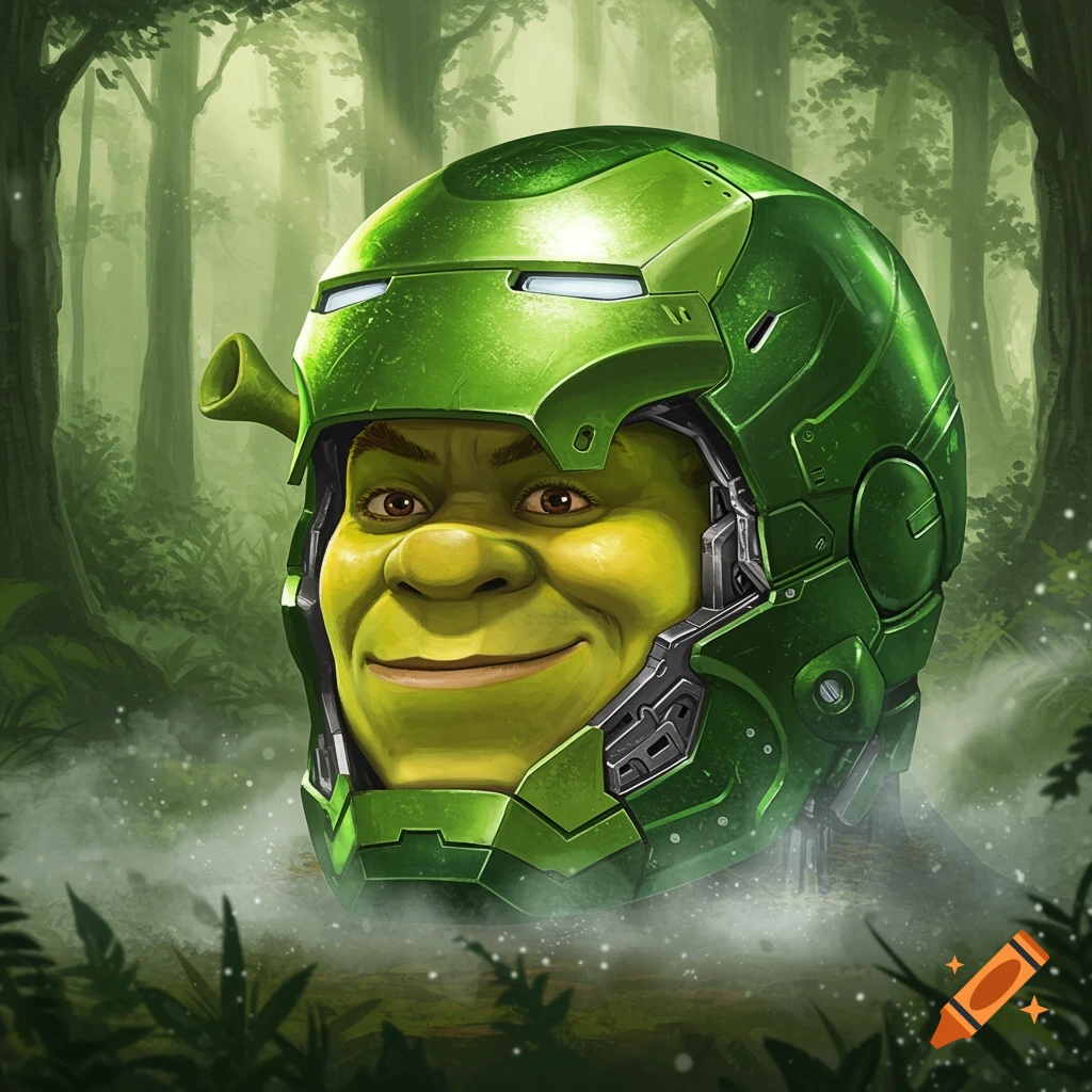 Shrek's face revealed in a green Iron Man helmet, in a misty forest ...