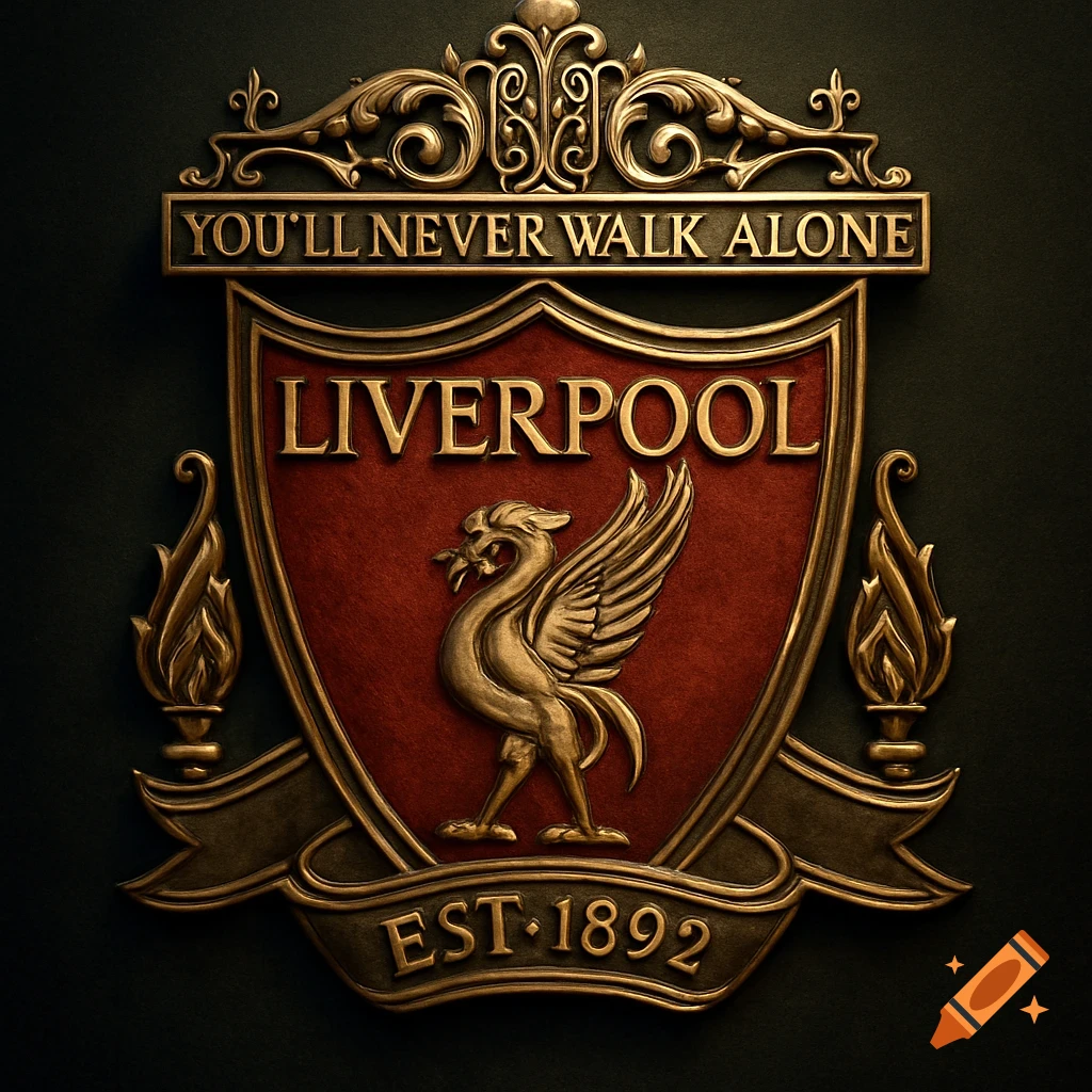 An ornate gold and red Liverpool FC logo featuring the Liver Bird, text reading "YOU'LL NEVER ...
