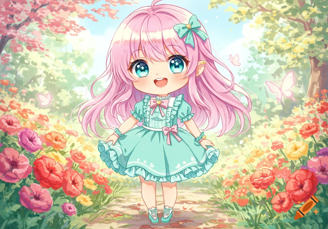 Kawaii chibi girl with black hair, blue eyes, wearing a starry sweater, standing among pastel ...