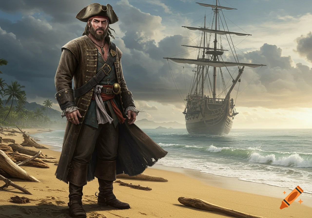 A determined female pirate wearing a Star of David necklace stands on a ...