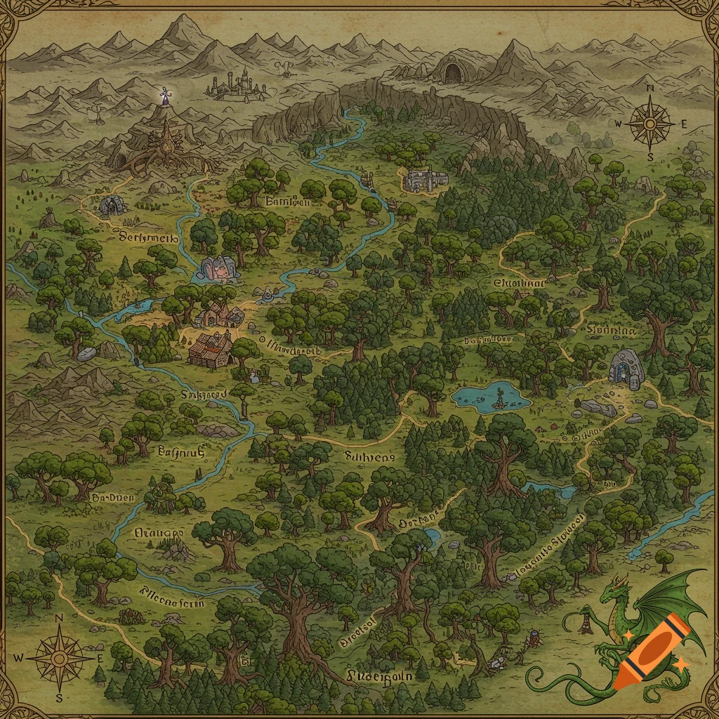 A detailed fantasy world map with a large central forest, mountains ...