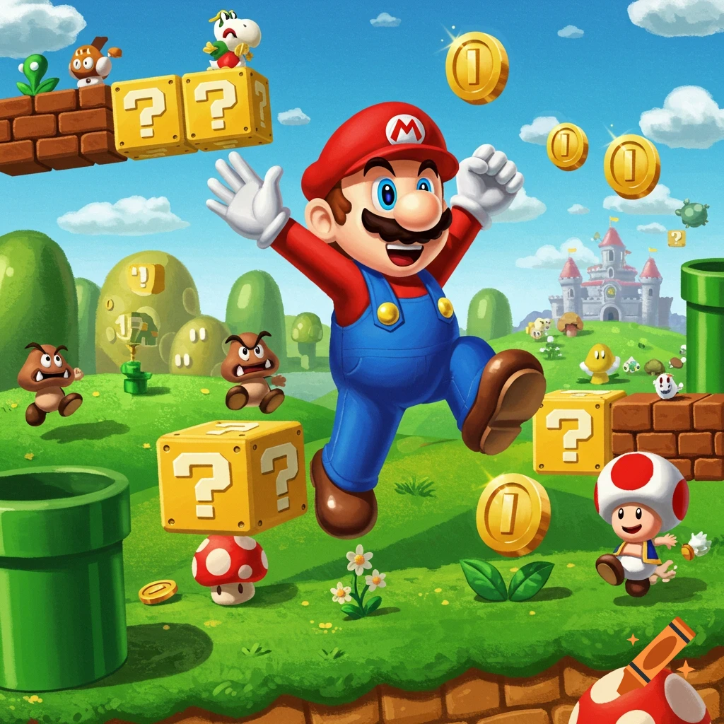 Super Mario in a vibrant, stylized video game landscape with coins ...
