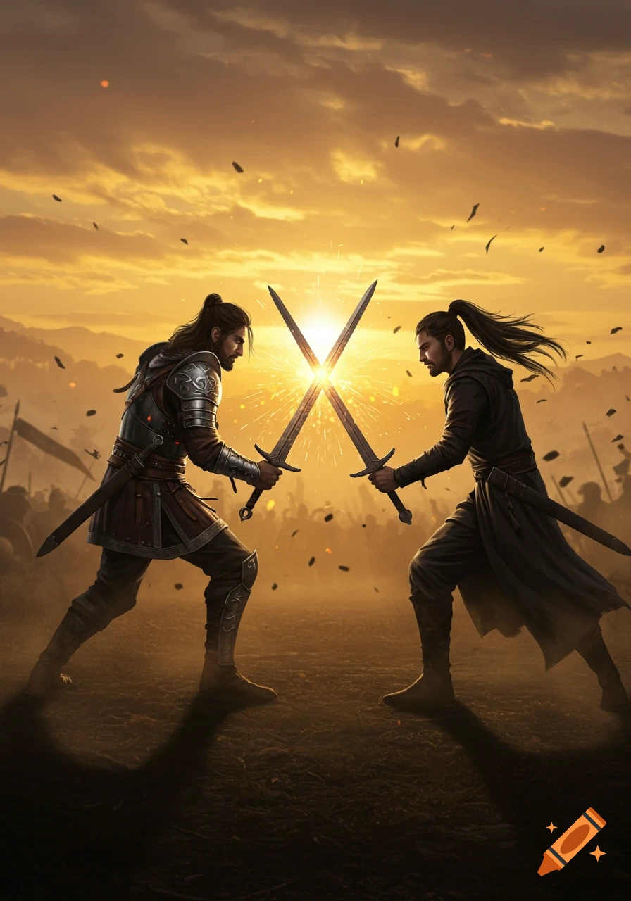 A male archer in dark attire stands on a cliff, aiming his bow at a ...