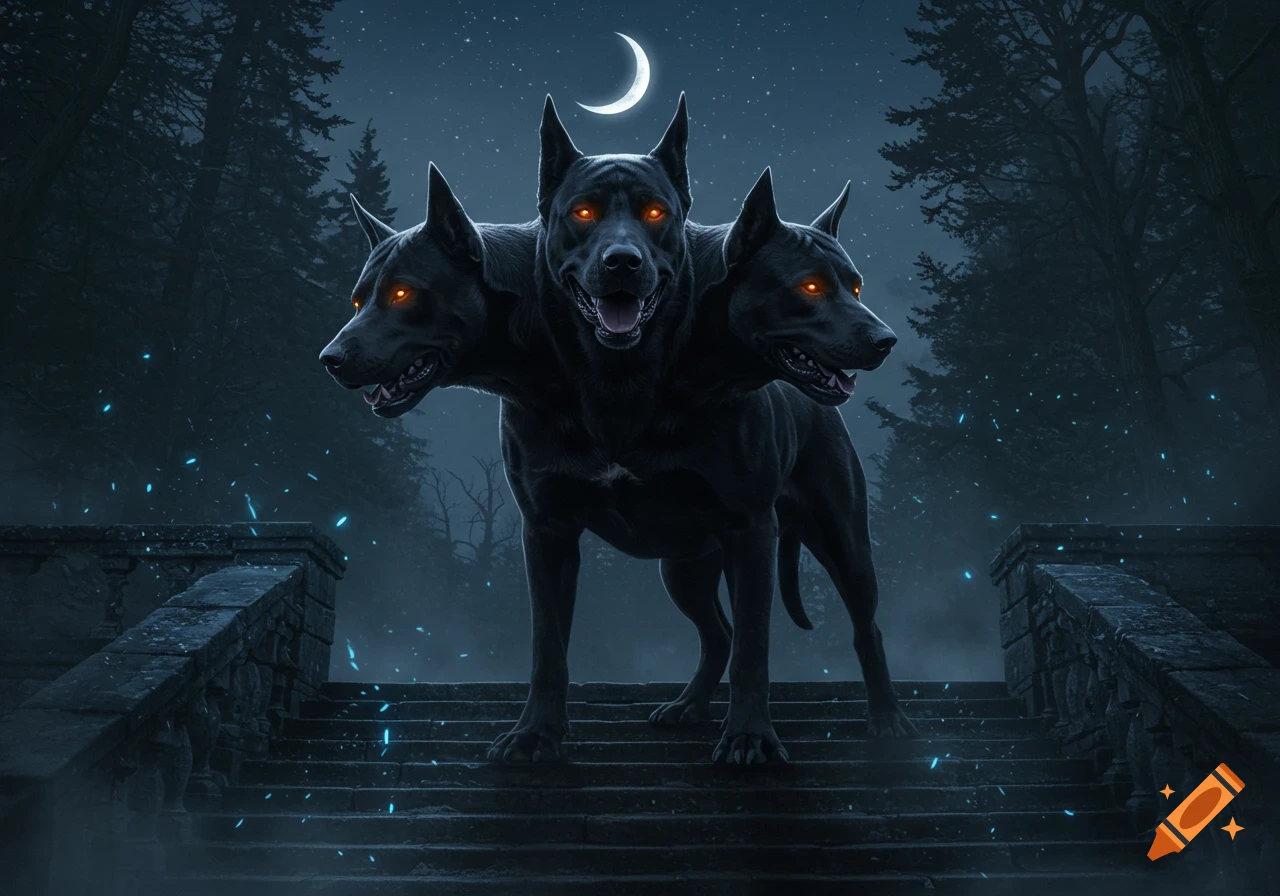 A black demon dog with red glowing eyes, horns, and bared teeth stands ...