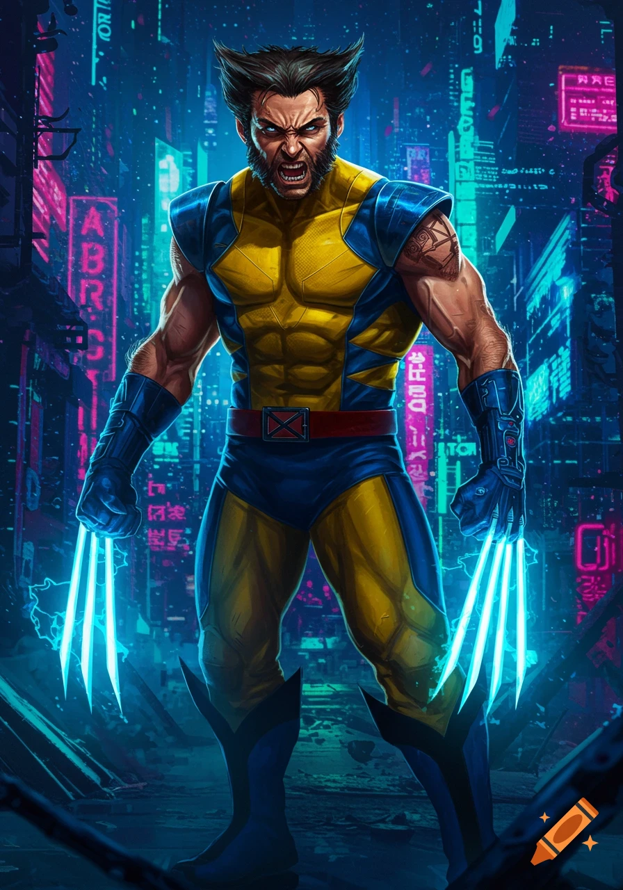 Wolverine stands ready to fight in a neon-lit cyberpunk city, his ...