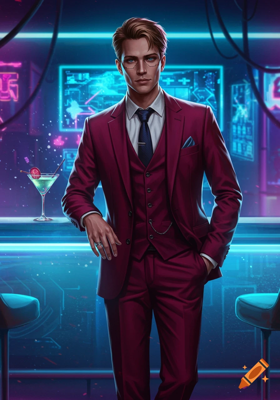 A young man with dark blonde hair in a red suit stands at a neon-lit ...