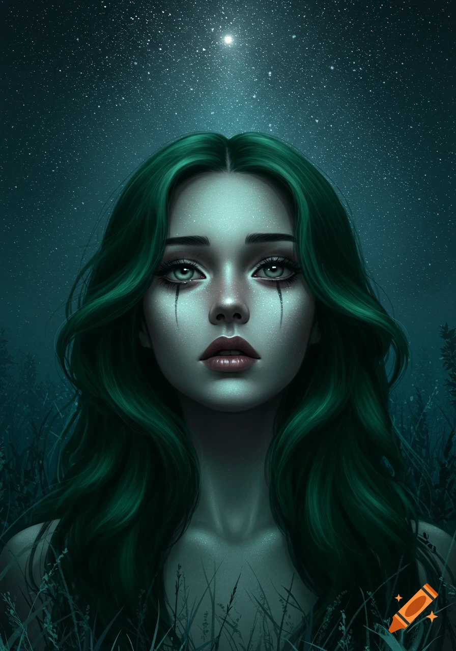 Digital portrait of a pale-skinned woman with long green hair and dark ...
