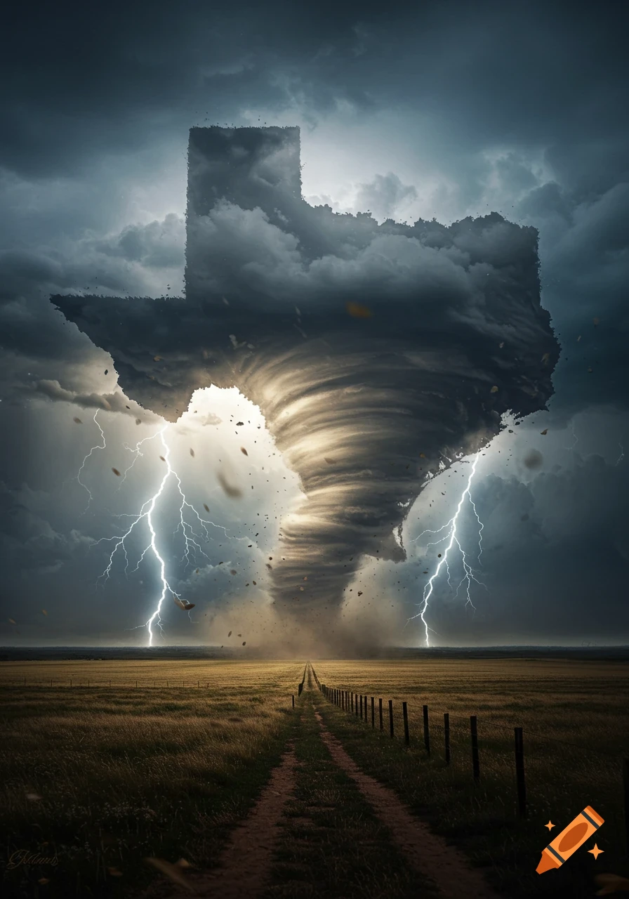 Photorealistic image of a powerful tornado forming the shape of Texas under a dark, stormy sky ...