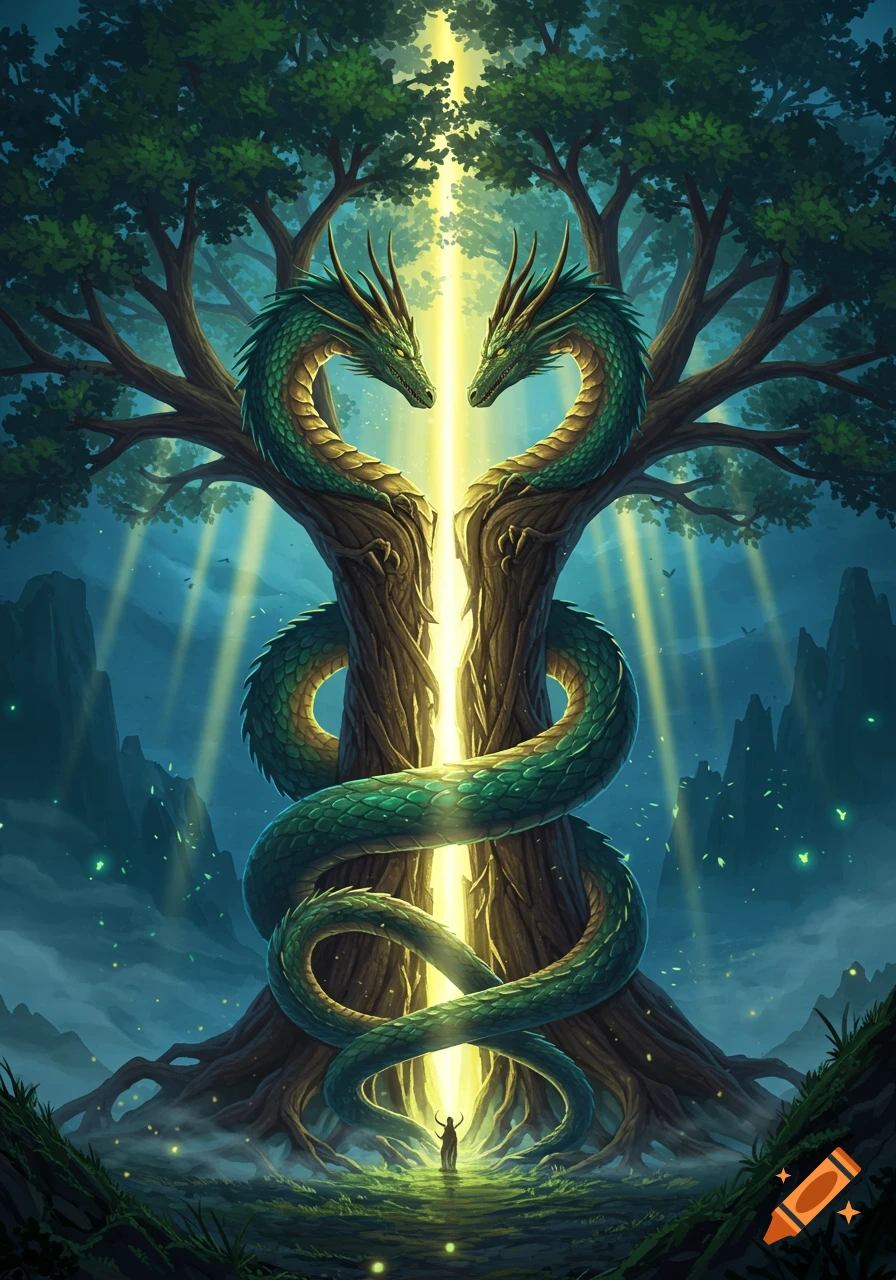 Painterly illustration of a gnarled tree with a canoe integrated into ...