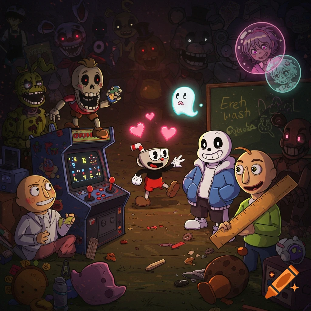 Cartoon crossover of game characters, including Cuphead, Sans, Baldi ...