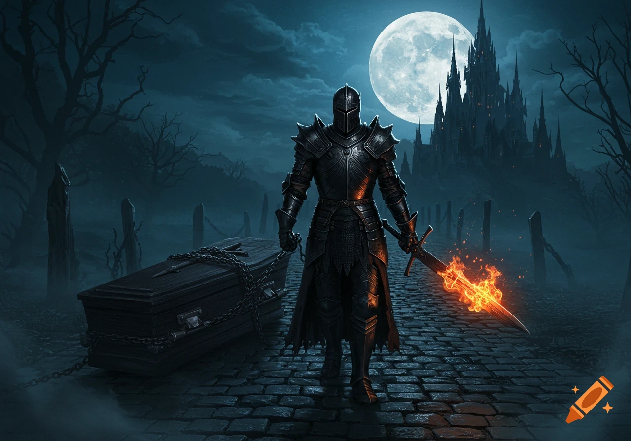 Dark fantasy illustration of a headless knight in black armor with ...