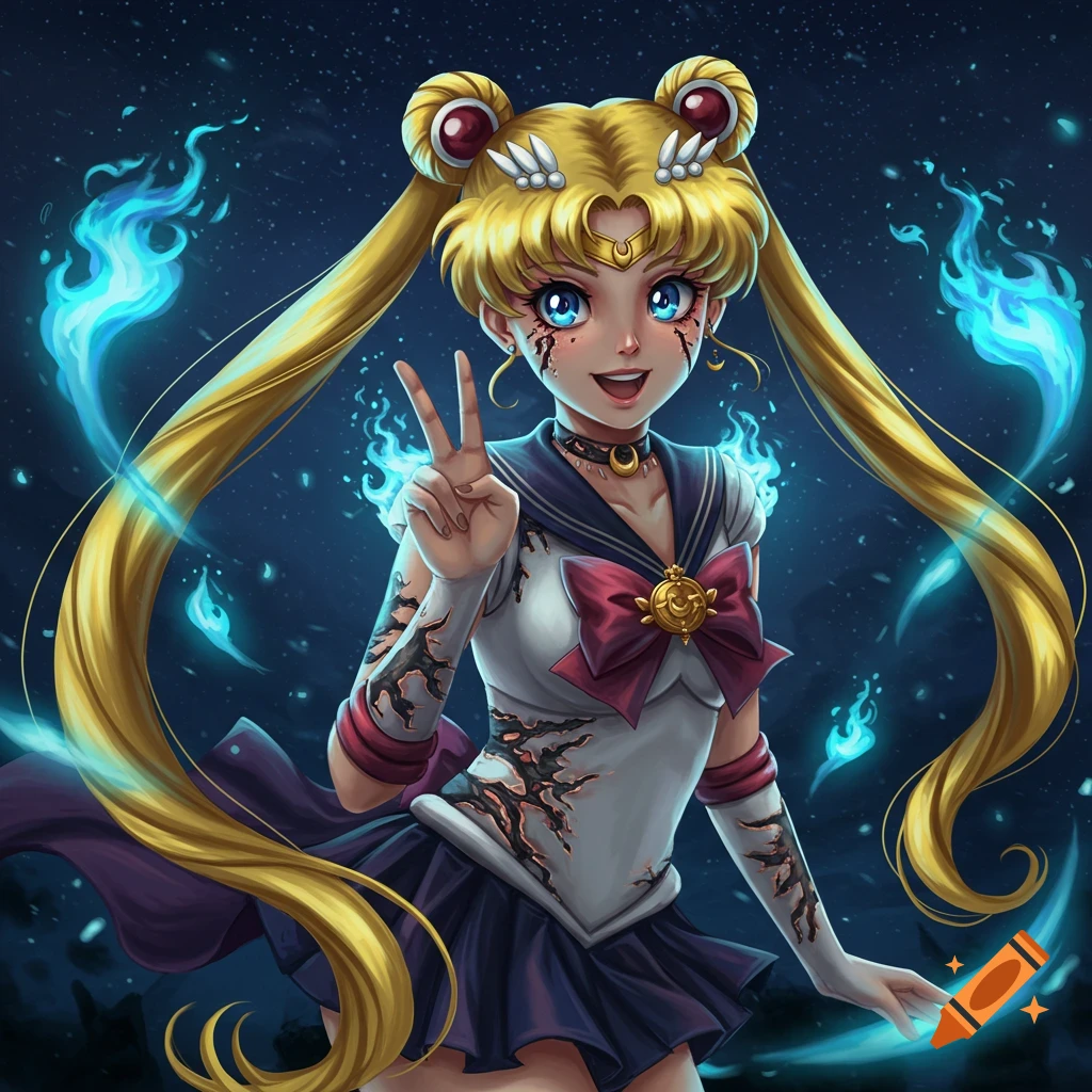 Sailor Moon cosplaying as Dabi, smiling mischievously and holding a ...